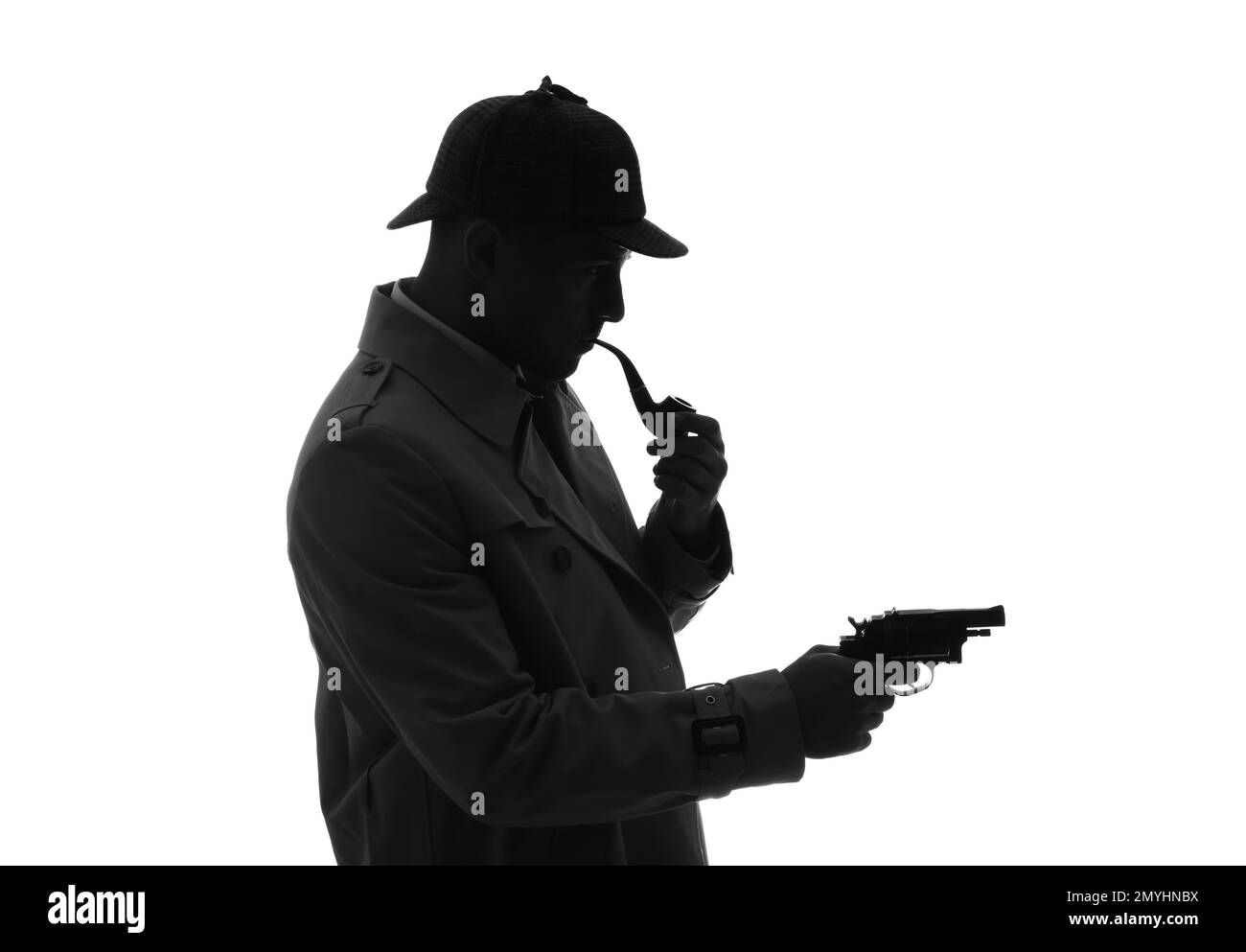 Old fashioned detective with smoking pipe and revolver on white ...