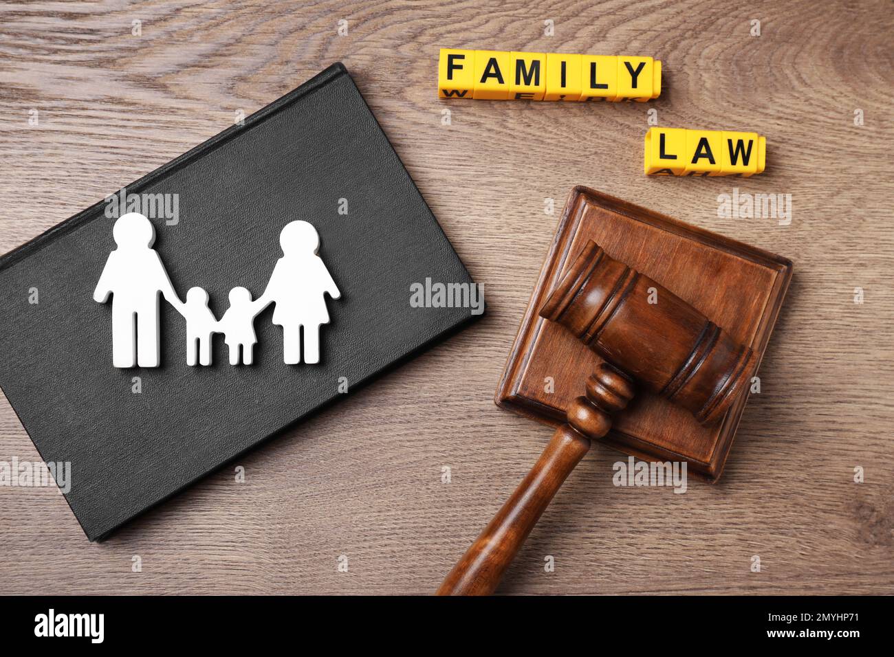 Family law concept. Flat lay composition with judge gavel on wooden ...