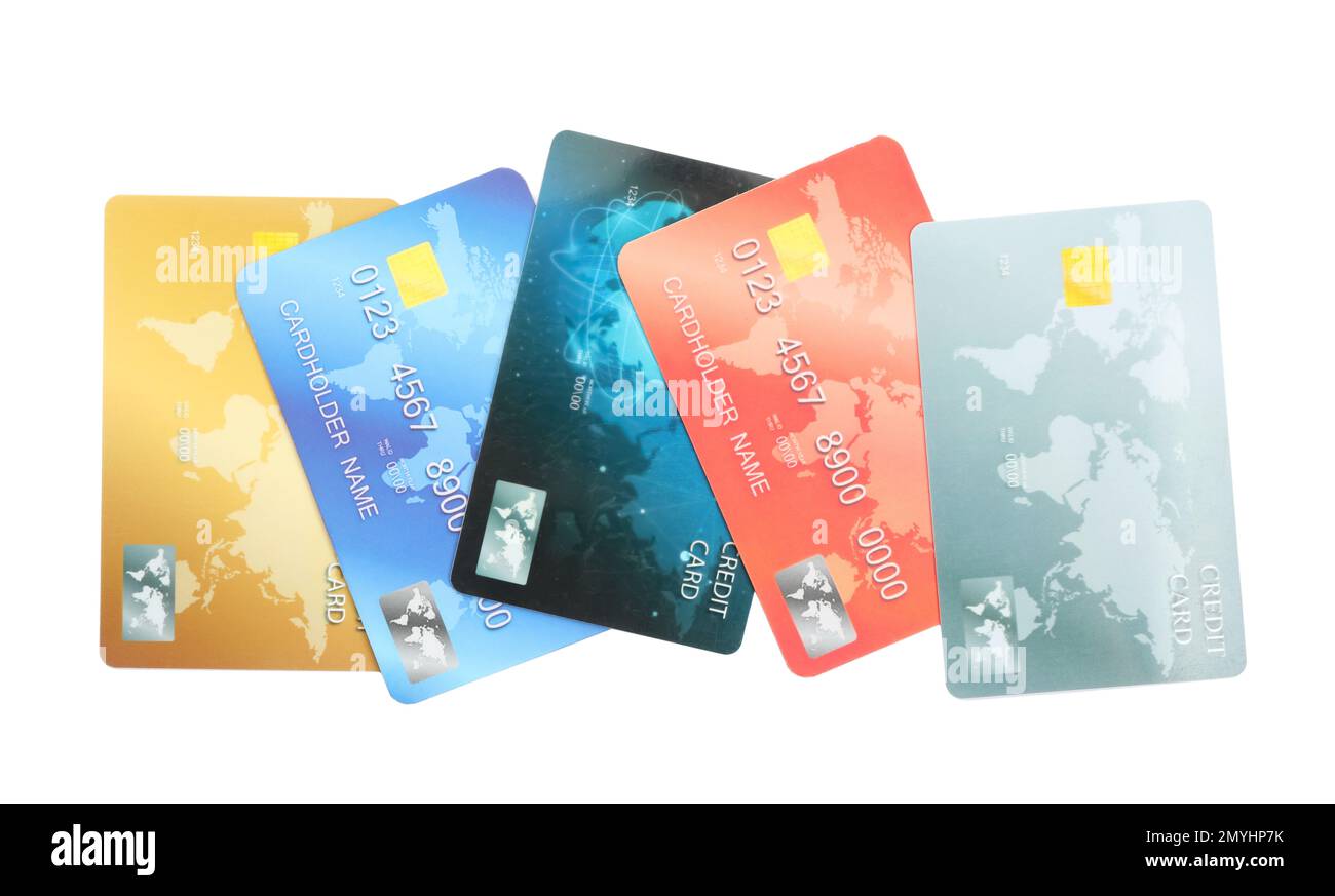 Different plastic credit cards on white background Stock Photo - Alamy