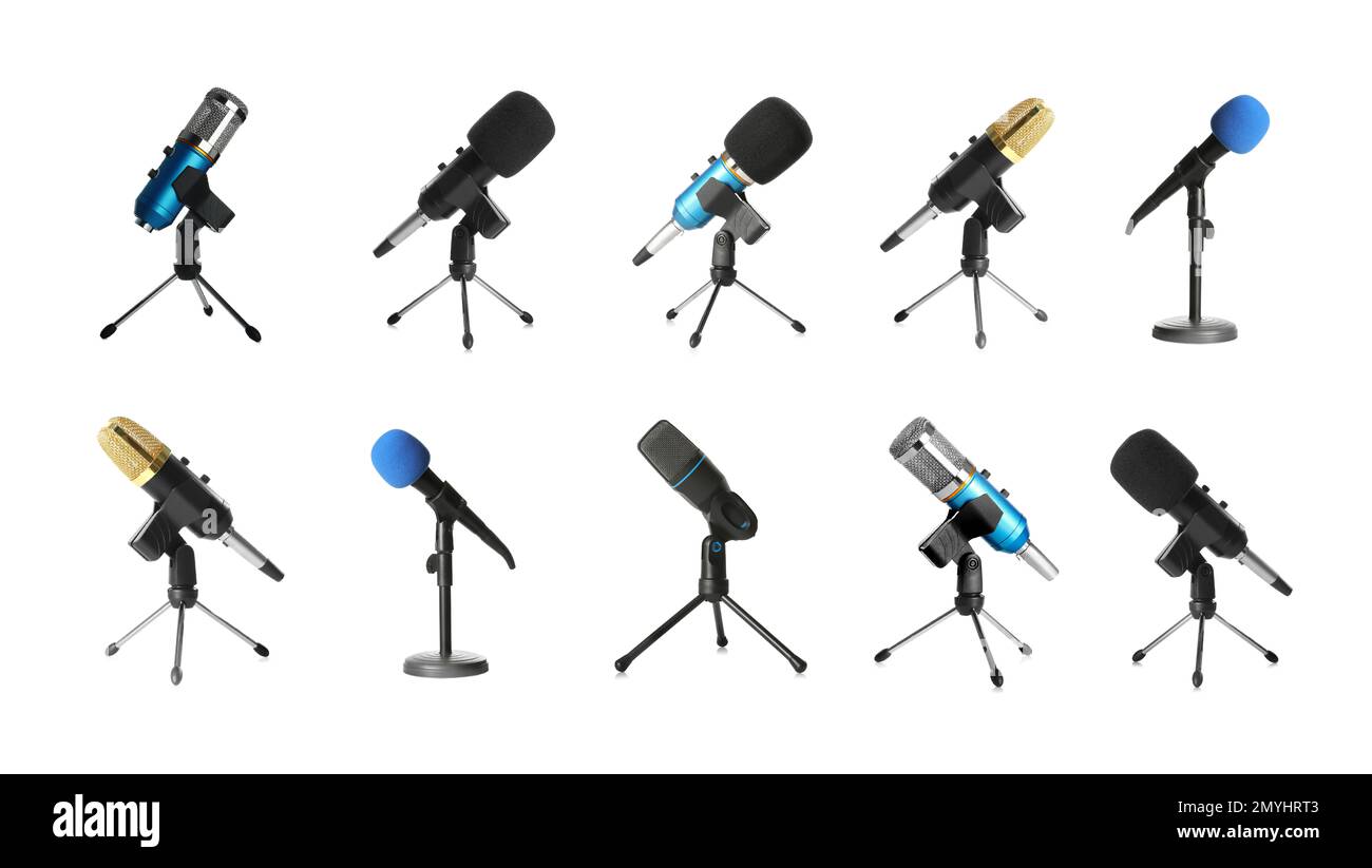 Set of different microphones on white background Stock Photo - Alamy