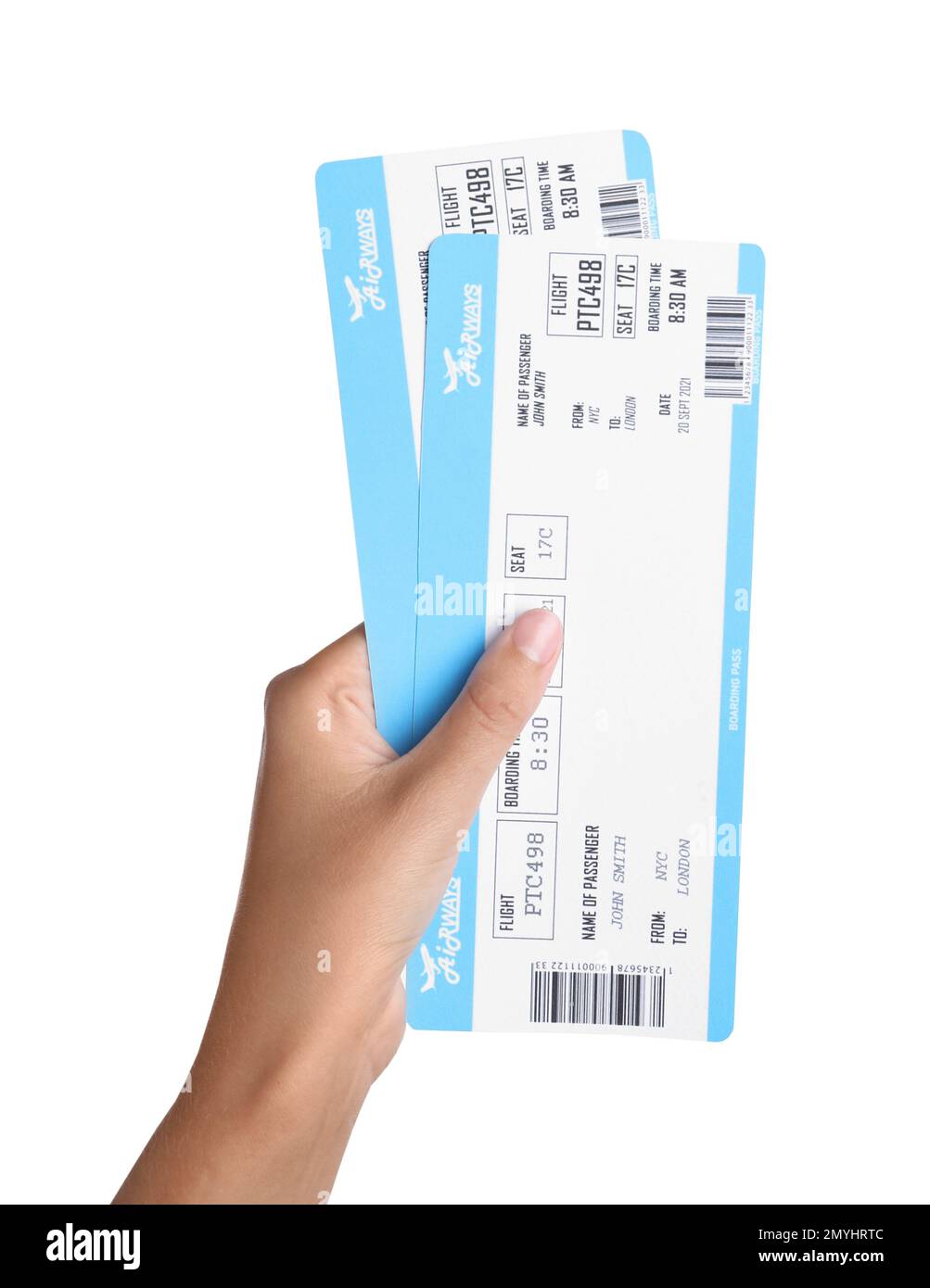 Woman holding tickets on white background, closeup. Travel agency ...