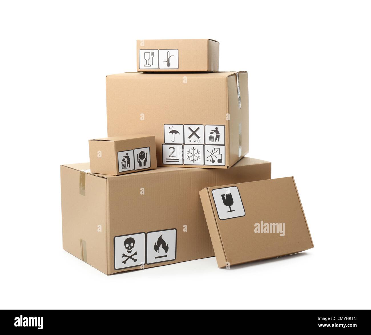 Cardboard boxes with different packaging symbols on white background ...
