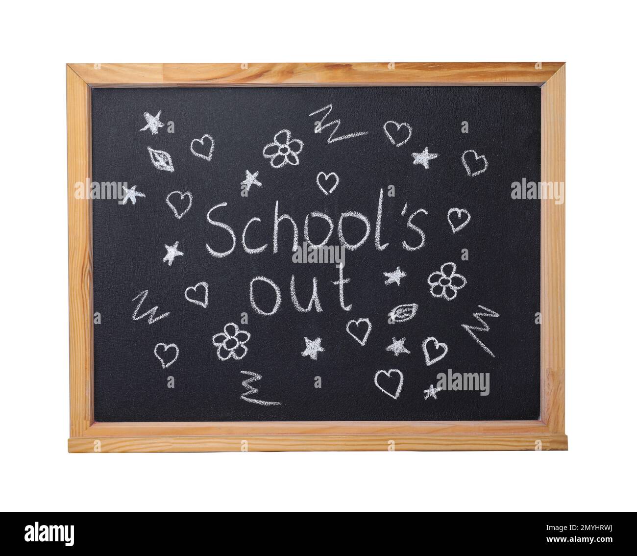 Blackboard with words School's Out and pictures isolated on white ...