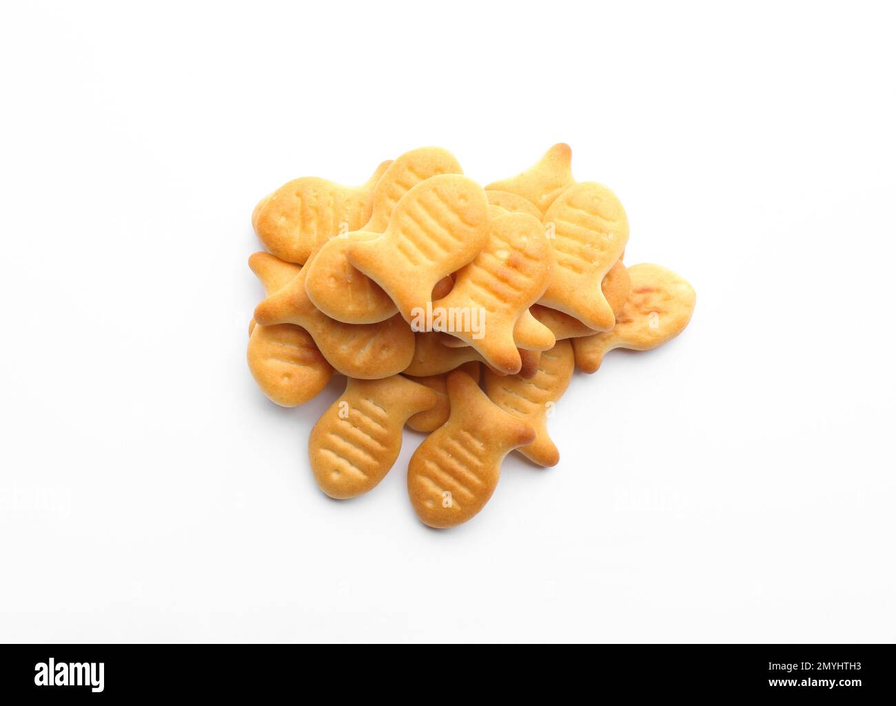 Delicious crispy goldfish crackers on white background, top view Stock ...