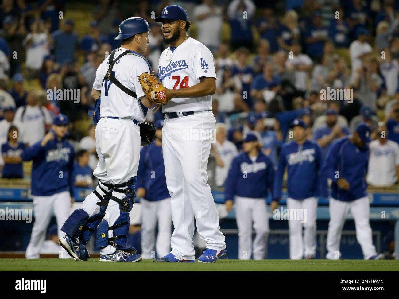 Los Angeles Dodgers relief pitcher Kenley Jansen, right, celebrates ...