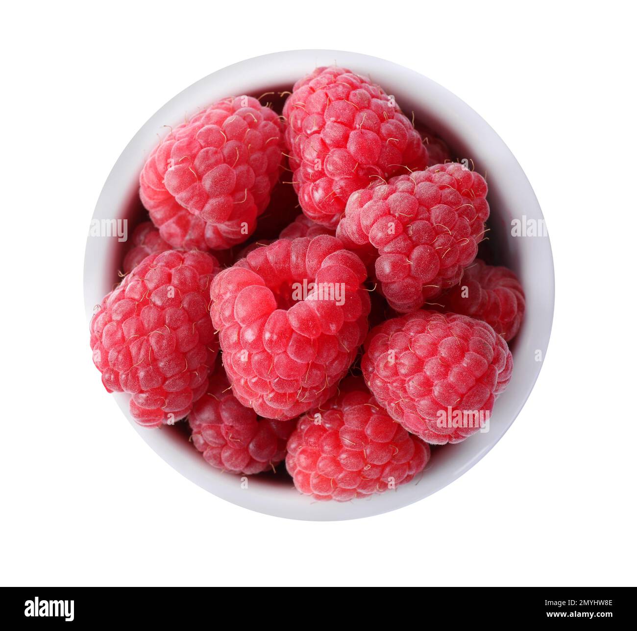 Delicious fresh ripe raspberries in bowl isolated on white, top view ...