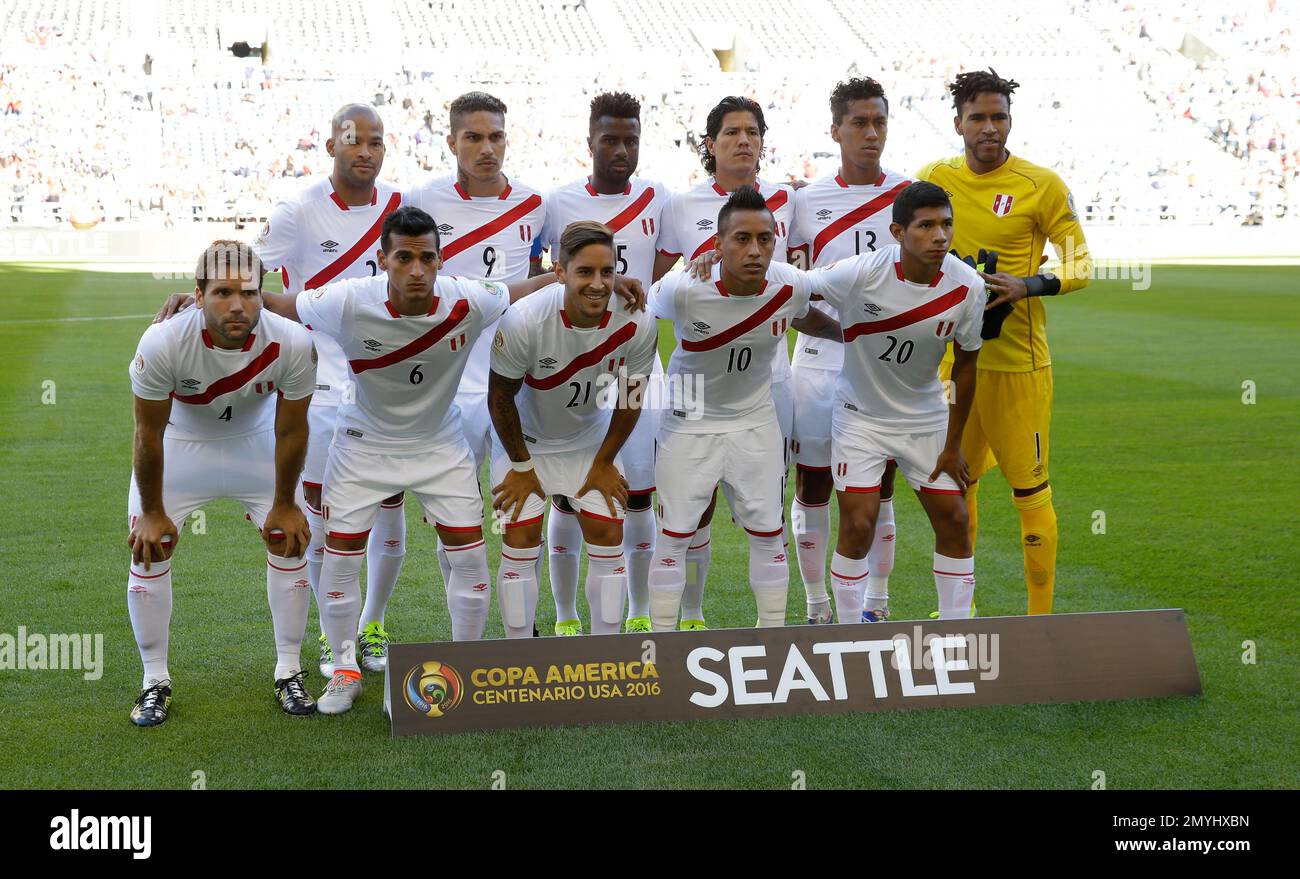 Peru players, including goalkeeper Pedro Gallese, upper right, and ...