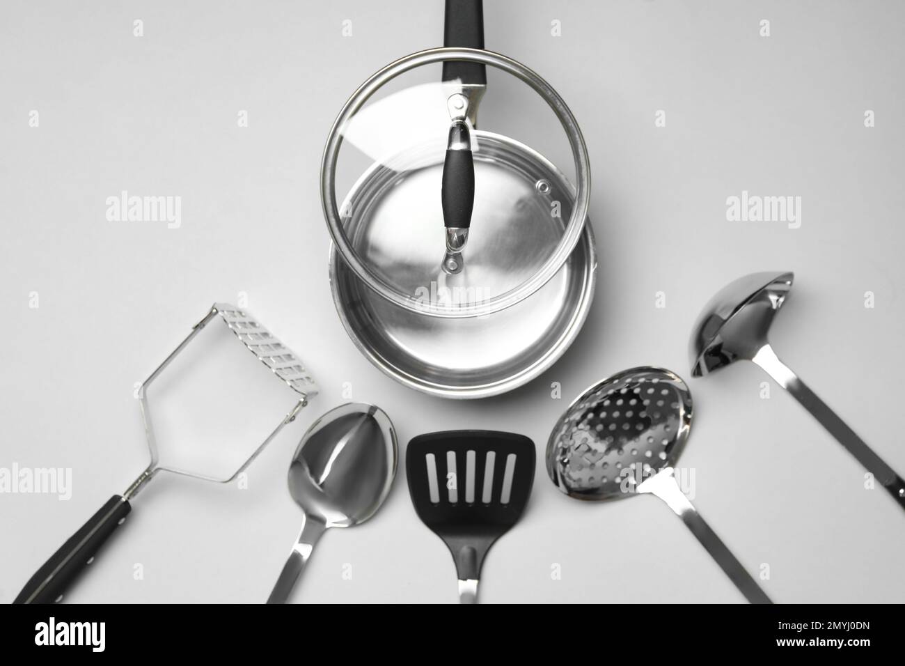 Set of modern cooking utensils on light grey background, flat lay Stock ...
