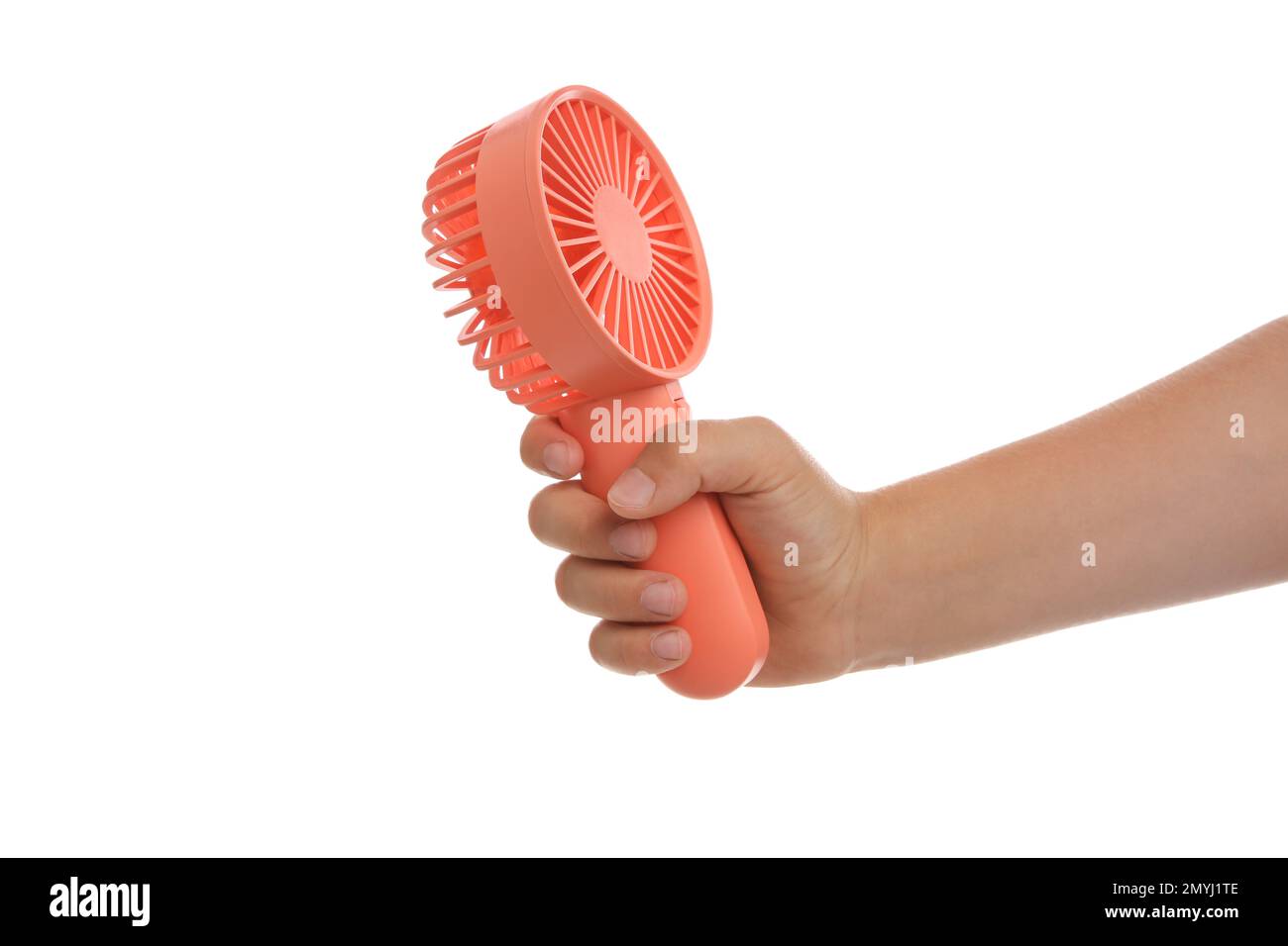 Little boy with portable fan on white background, closeup. Summer heat ...