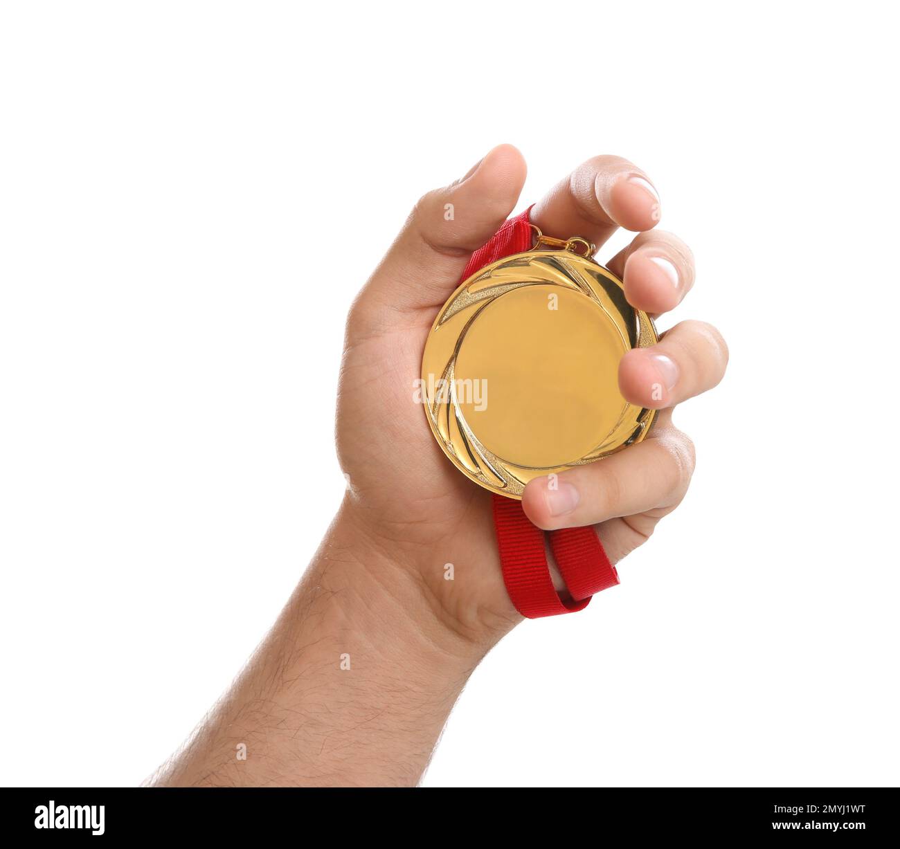 Man holding golden medal on white background, closeup. Space for design ...