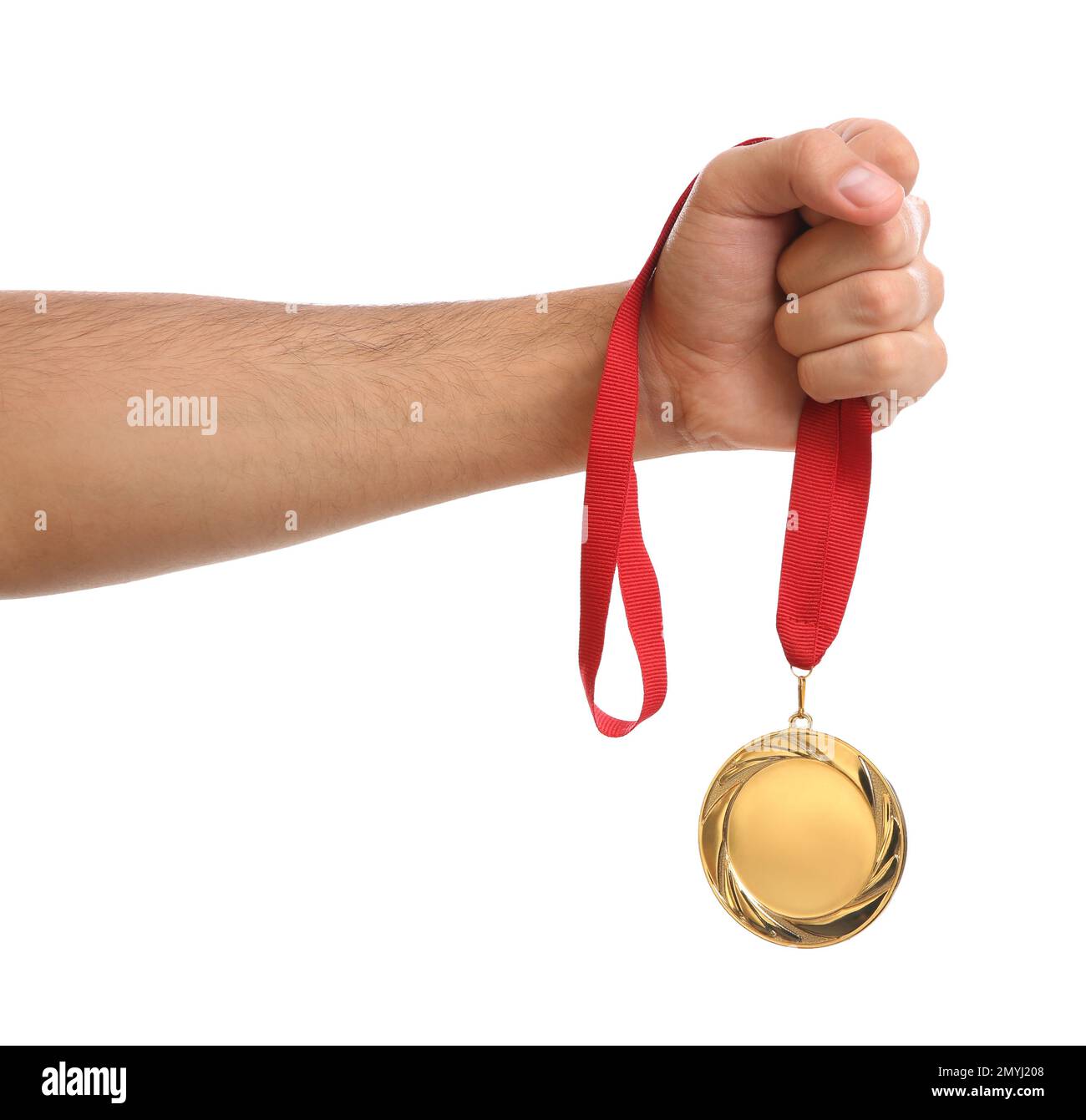 Man holding golden medal on white background, closeup. Space for design ...
