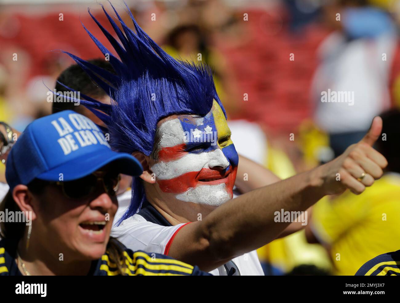 A fan, who has his face painted representing the national flags of the ...