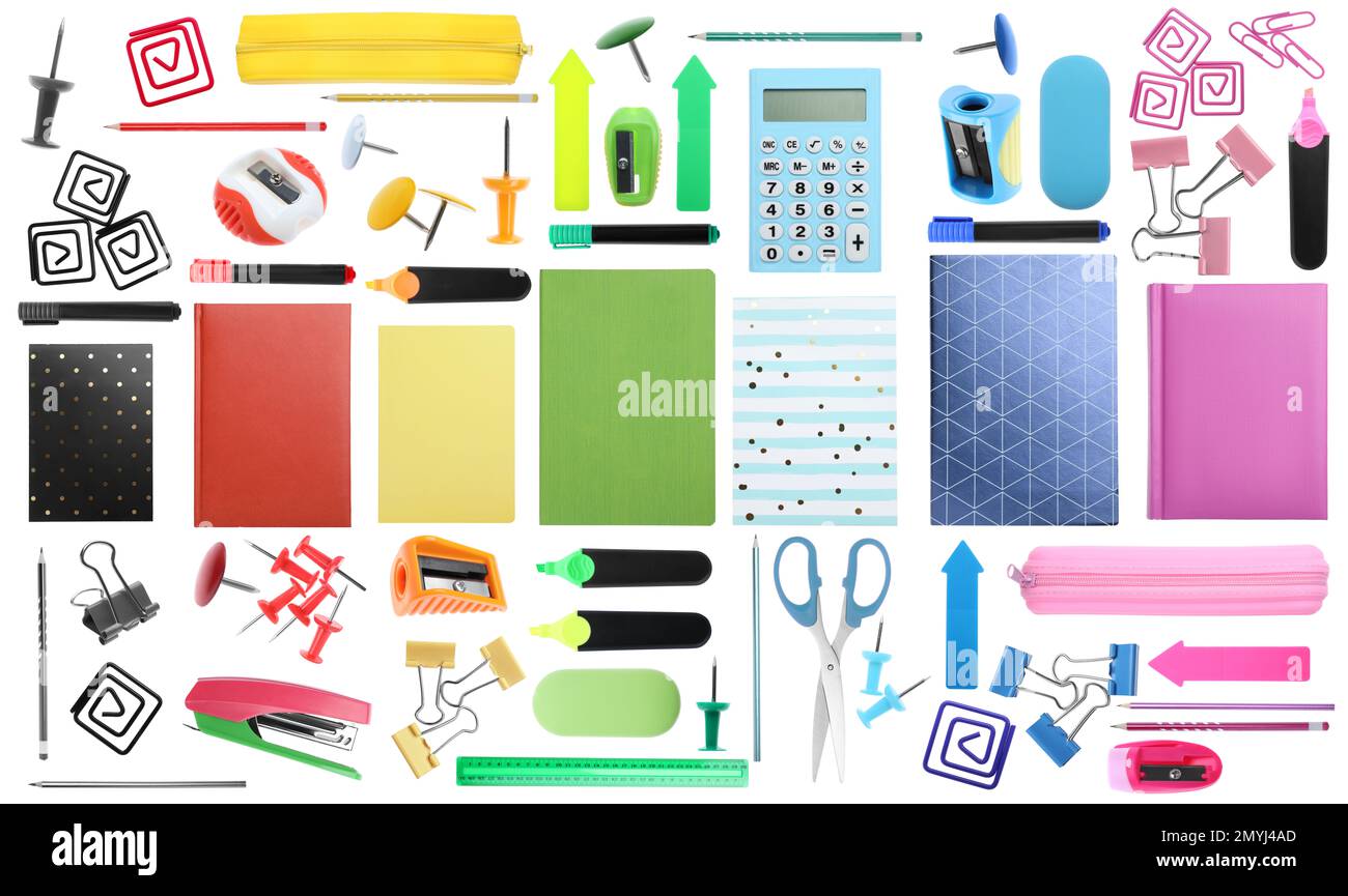 Set of bright school stationery on white background Stock Photo - Alamy
