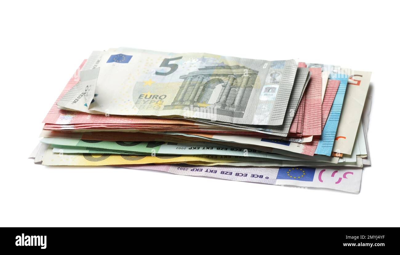 Pile of different Euro banknotes on white background Stock Photo - Alamy