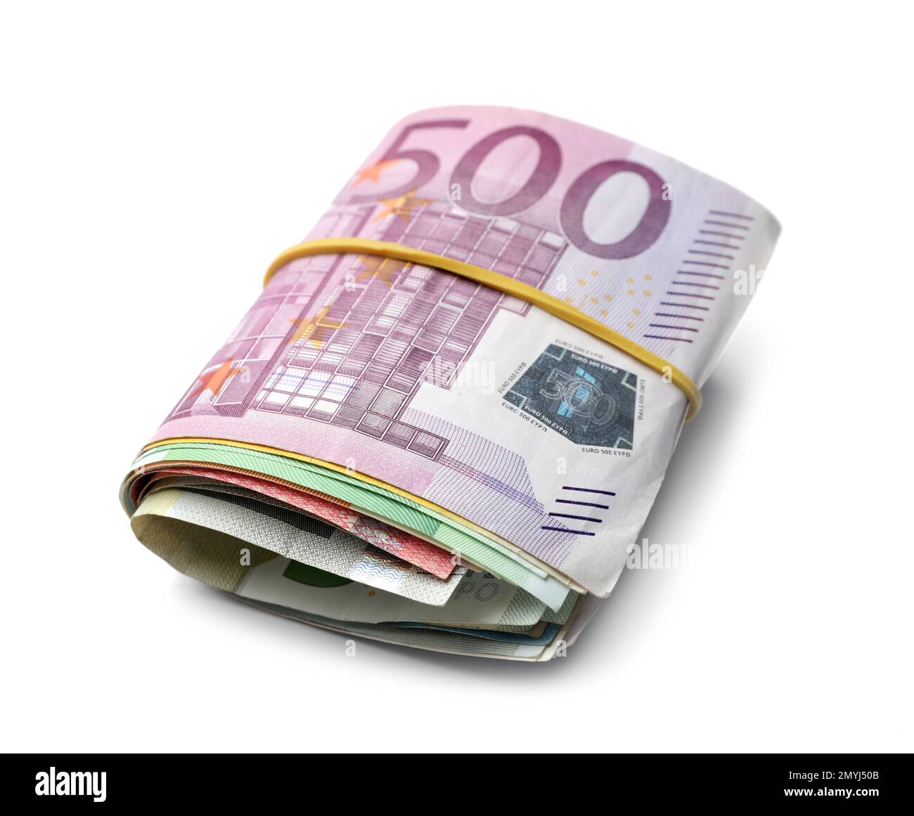 Different Euro banknotes with rubber band on white background Stock ...