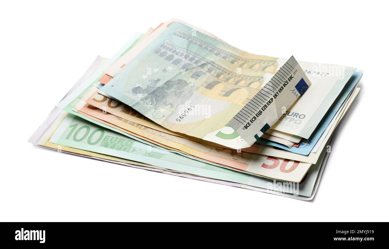 Pile of different Euro banknotes on white background Stock Photo - Alamy
