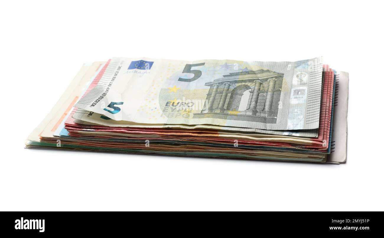 Pile of different Euro banknotes on white background Stock Photo - Alamy