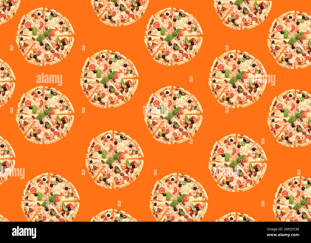 Seafood pizza pattern design on orange background Stock Photo - Alamy
