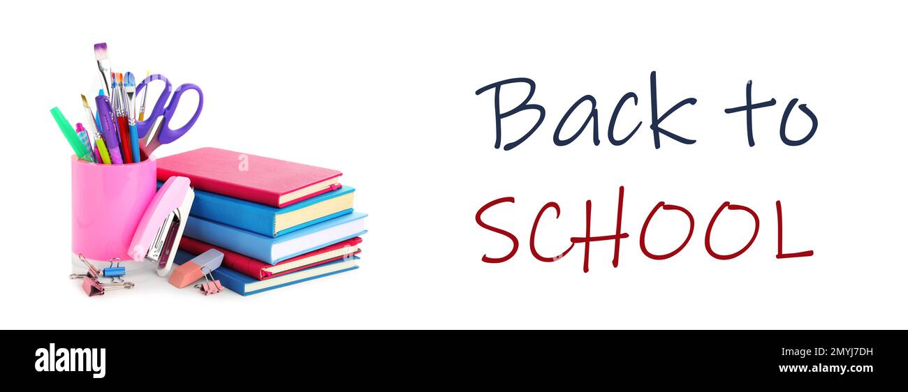 Text Back To School and different stationery on white background ...