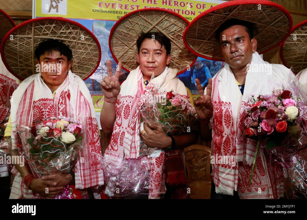From left to right; Indian mountaineers Khorsing Terang, Henry David Teron and Nanda Dulal Das ...