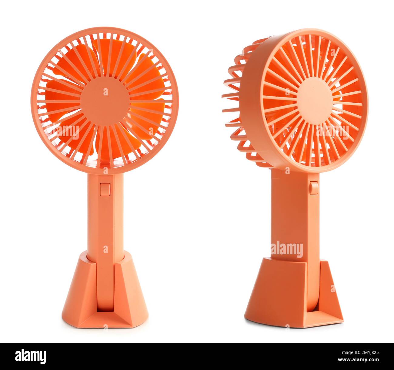 Bright orange fan on white background, collage with views from ...