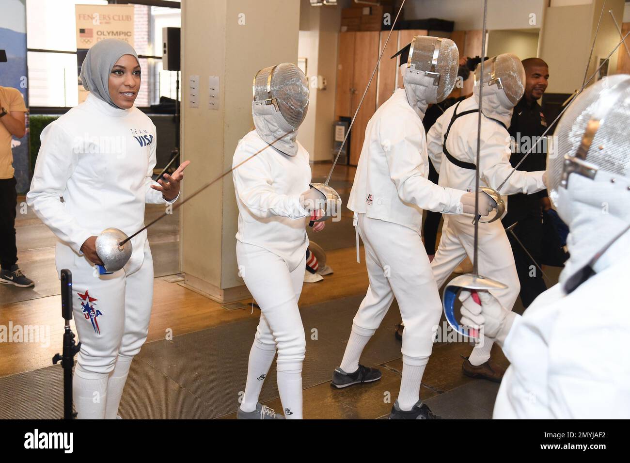 Team Visa athlete Ibtihaj Muhammad leads an interactive fencing demo at ...