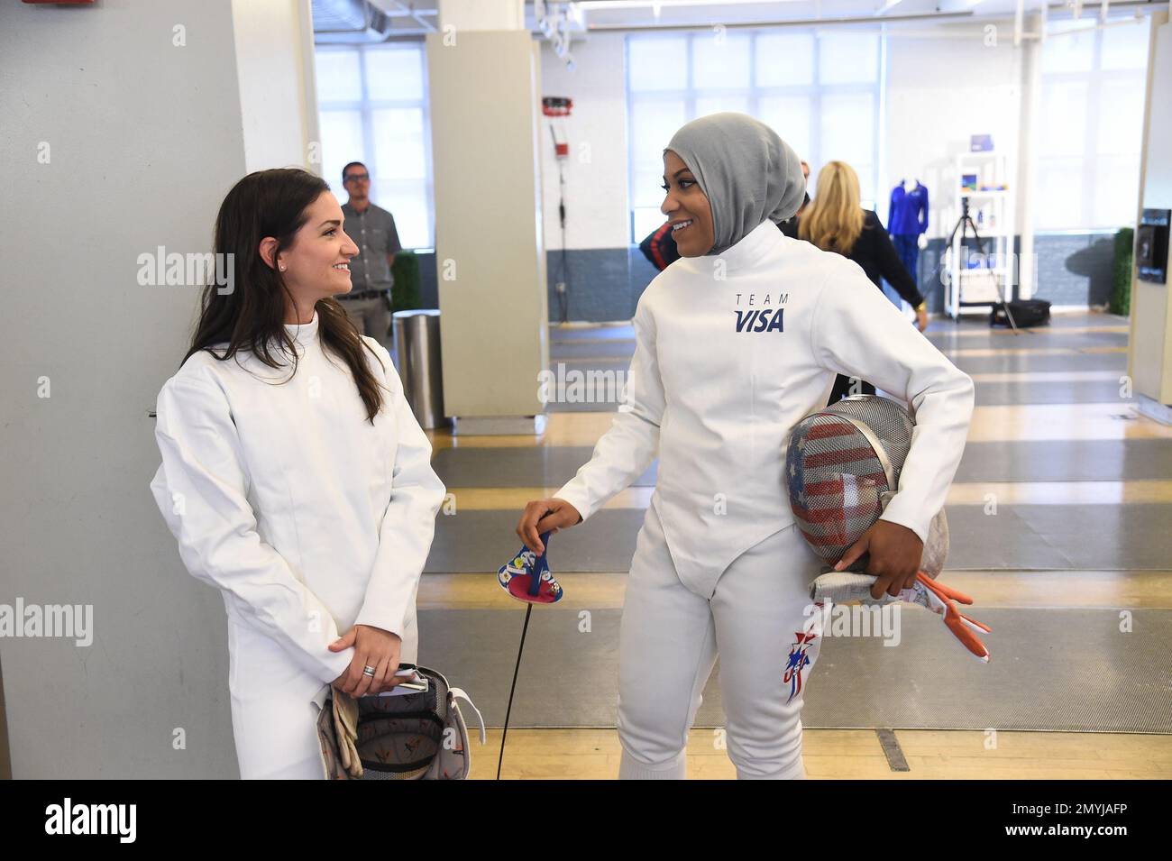 Team Visa athlete Ibtihaj Muhammad leads an interactive fencing demo at ...