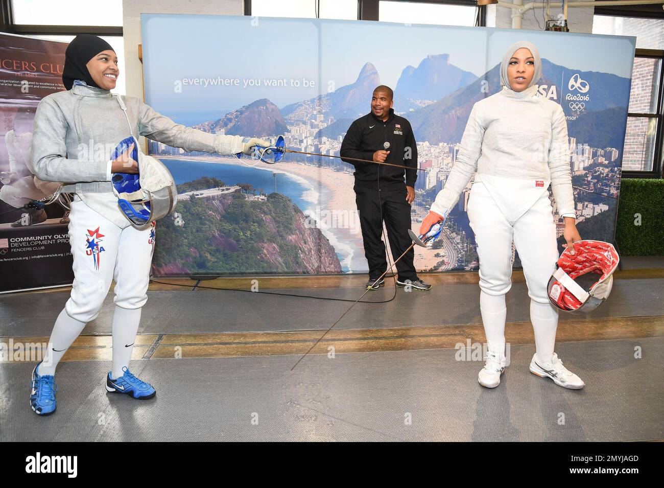 Team Visa athlete Ibtihaj Muhammad and her sister Faizah lead an ...