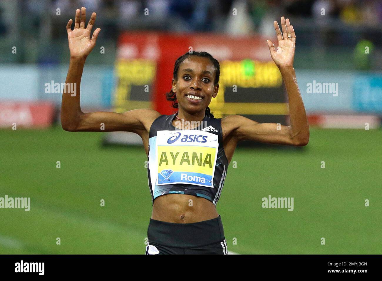 Ethiopia's Almaz Ayana crosses the finish line after winning the women ...