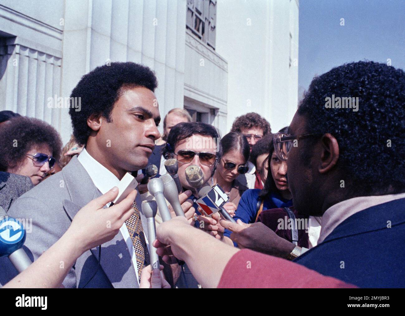 Former Black Panther leader Huey Newton speaks to reporters outside the ...