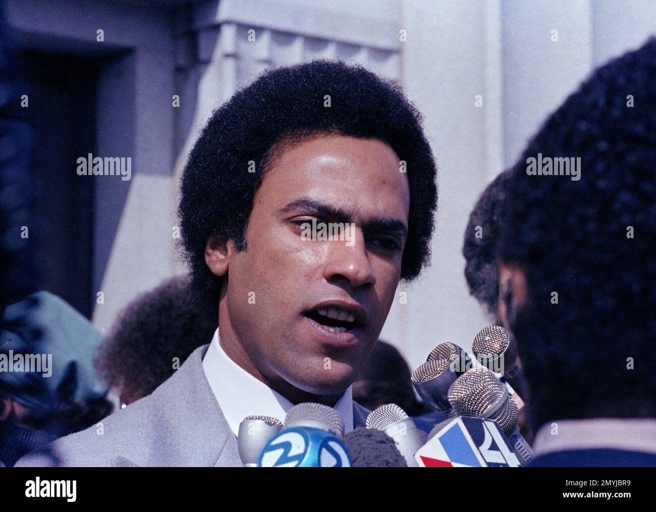 Former Black Panther leader Huey Newton speaks to reporters outside the ...