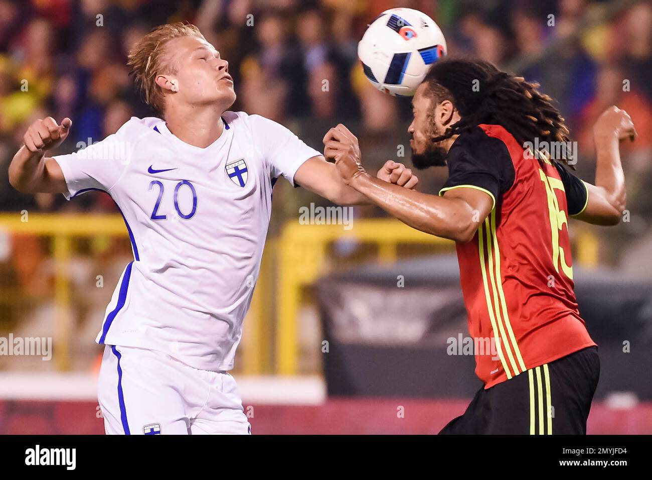 Belgium's Jason Denayer, right, is challenged by Finland's Joel ...
