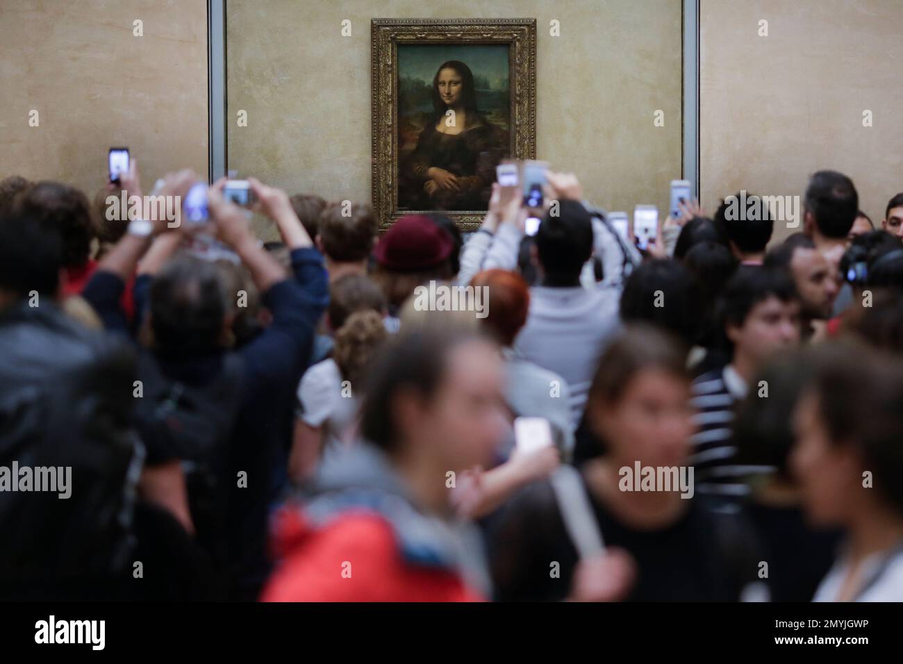 Visitors crowded in front of Leonardo da Vinci's painting 'Mona Lisa ...