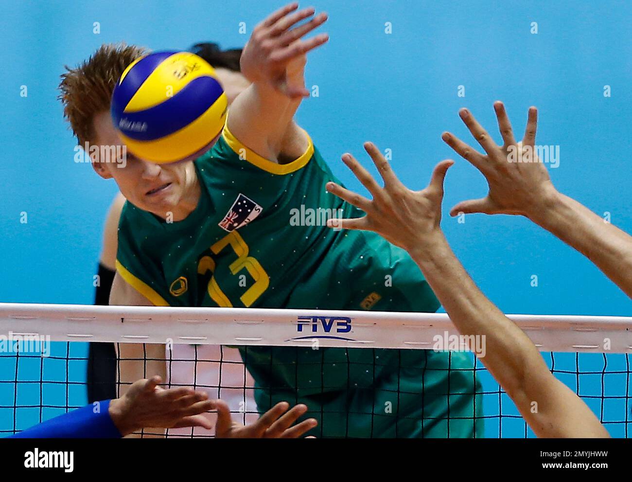 Samuel Walker of Australia spikes against France during their Men's ...