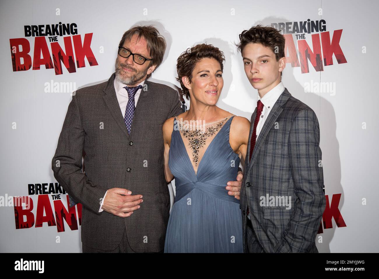 From left, Richard Leaf, Tamsin Greig and Jakob Zebedee pose for ...
