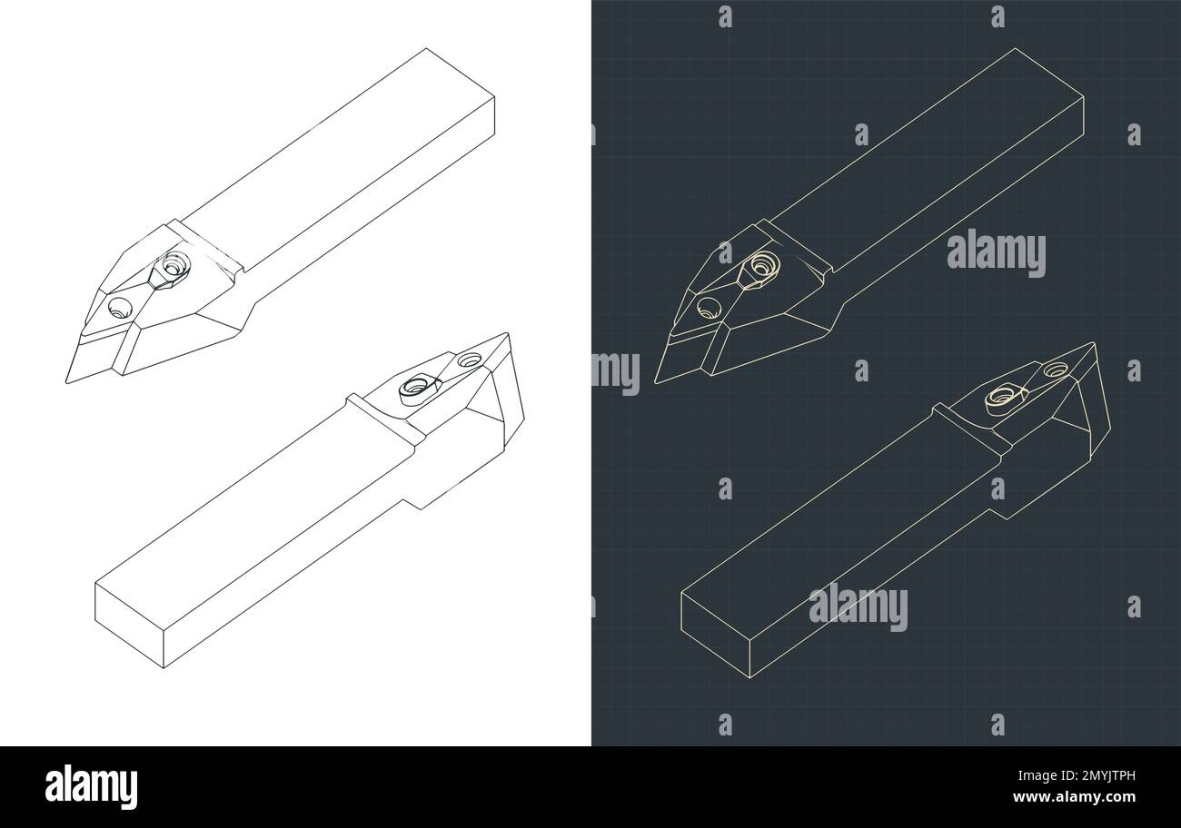 Stylized vector illustrations of isometric blueprints of inclined cutting tool for CNC lathe ...