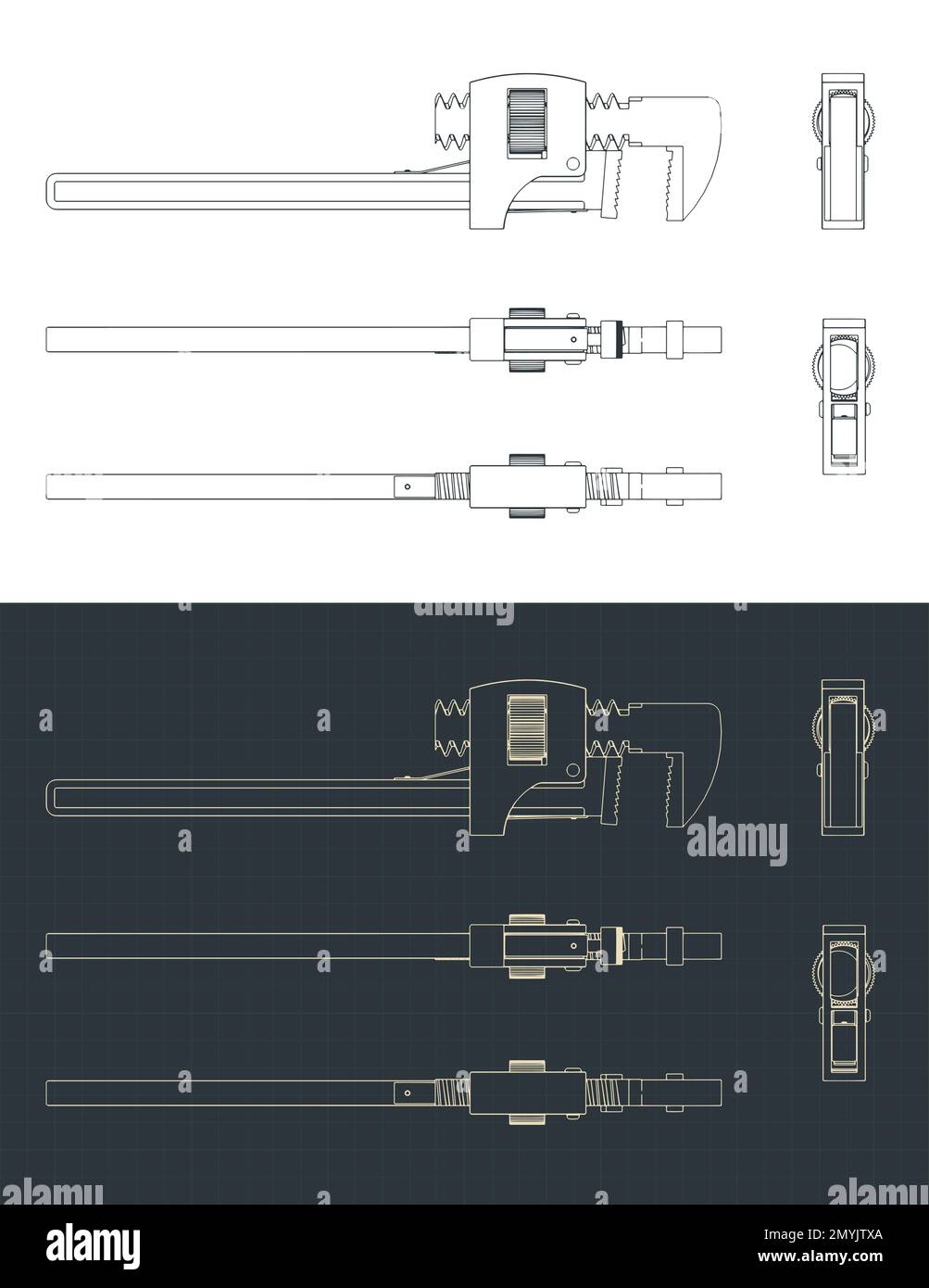Stylized vector illustrations of blueprints of pipe wrench Stock Vector ...