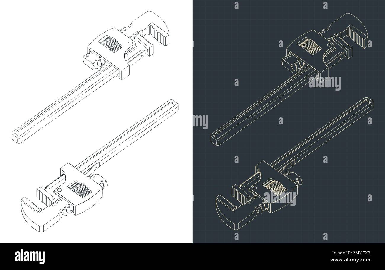 Stylized vector illustrations of isometric blueprints of pipe wrench ...