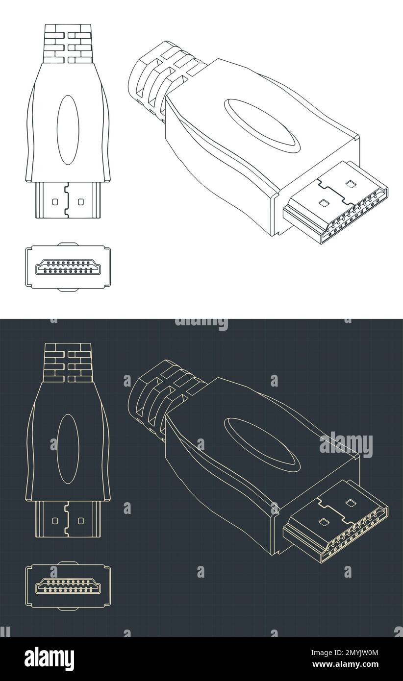 Stylized vector illustrations of blueprints of HDMI Male plug Stock ...