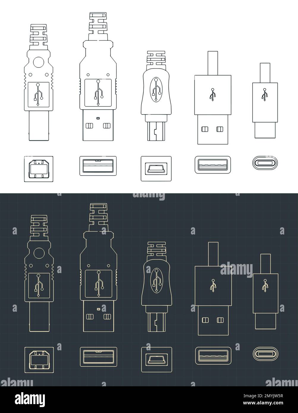Stylized vector illustrations of blueprints of USB plug set Stock ...