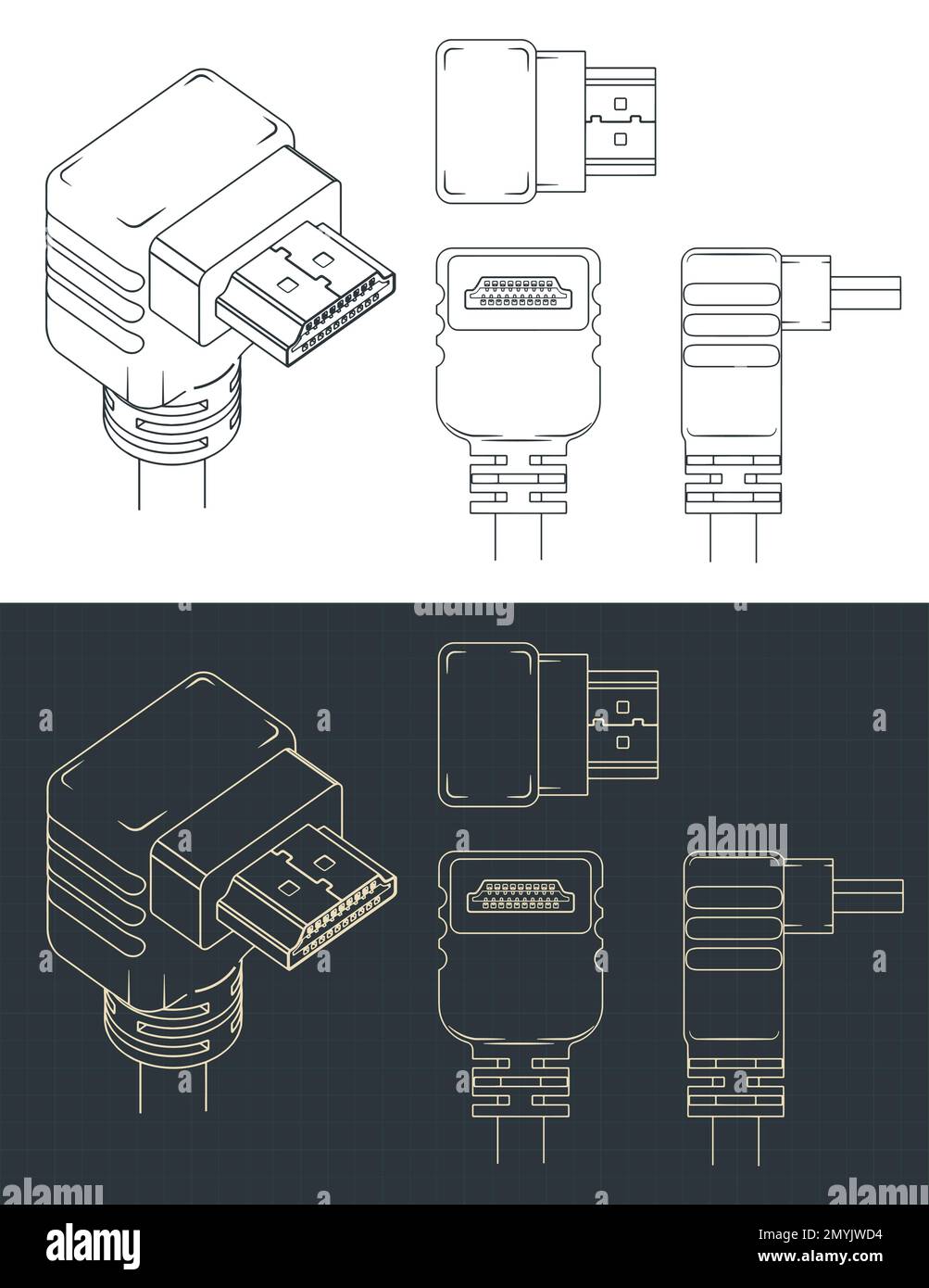 Stylized vector illustrations of blueprints of HDMI Male angular plug ...
