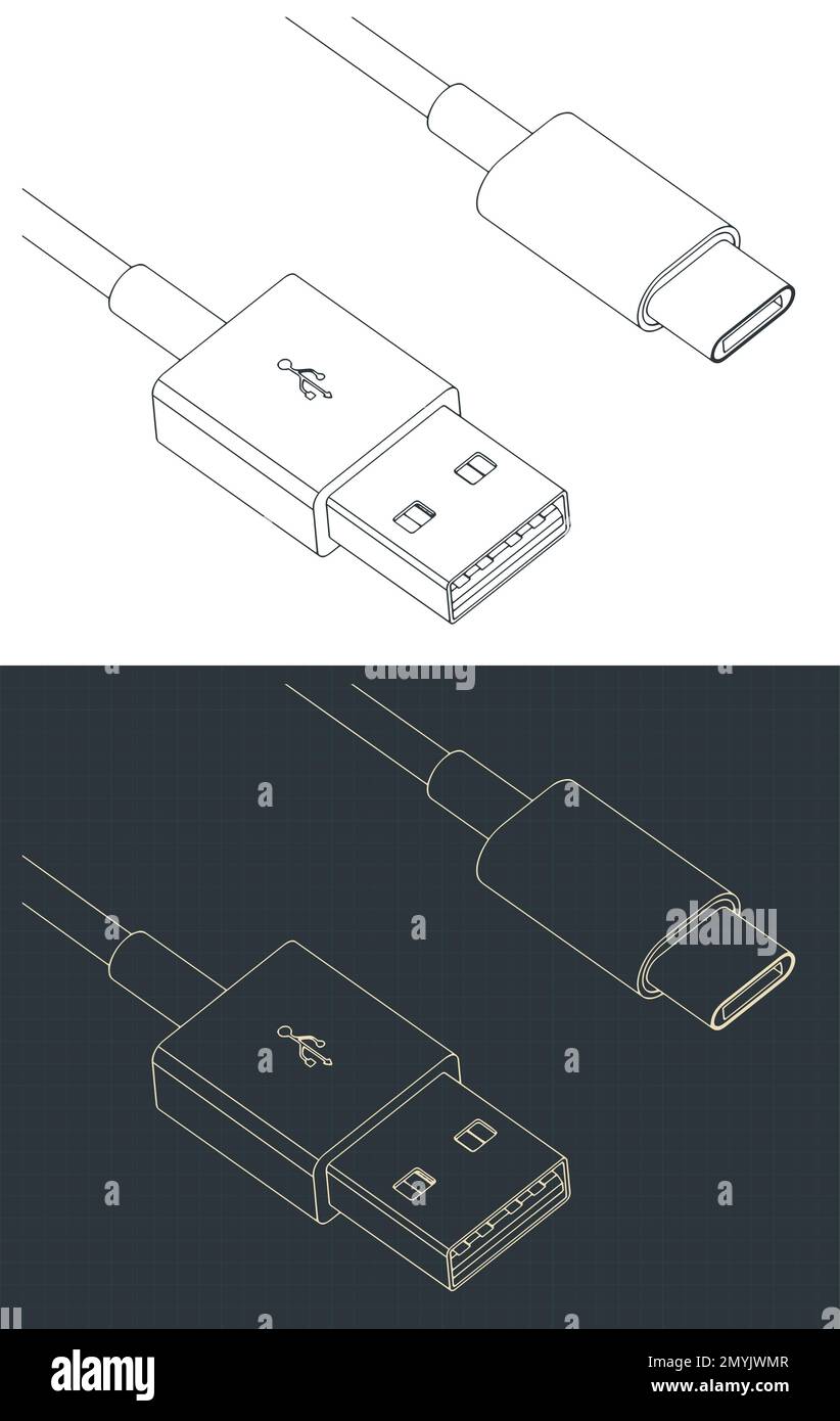 Stylized vector illustrations of blueprints of USB type-A to USB type-C ...