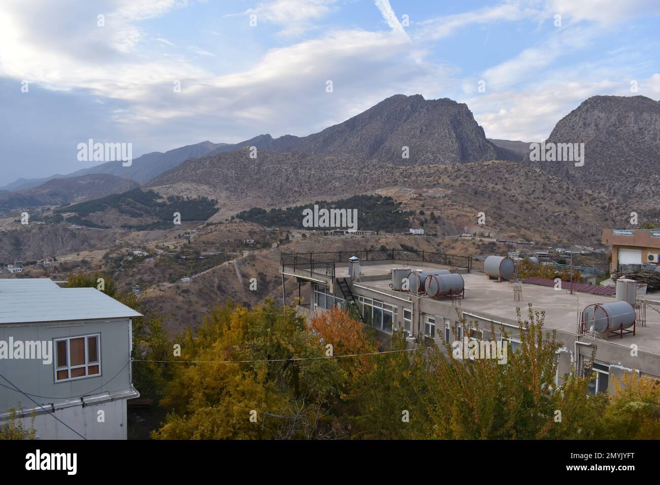 The rooftop view on an autumn day from a village home in Iraqi ...