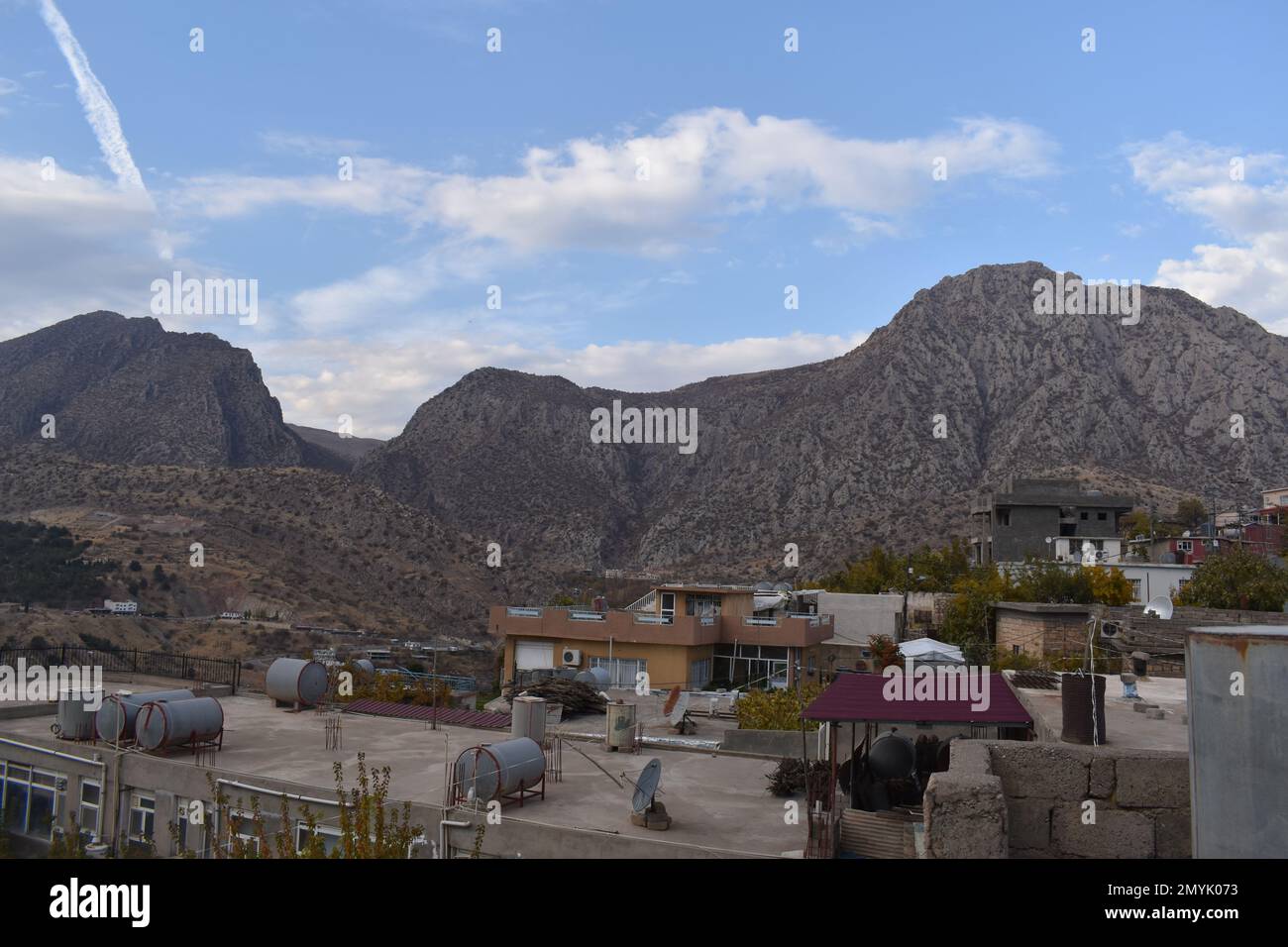 The rooftop view on an autumn day from a village home in Iraqi ...
