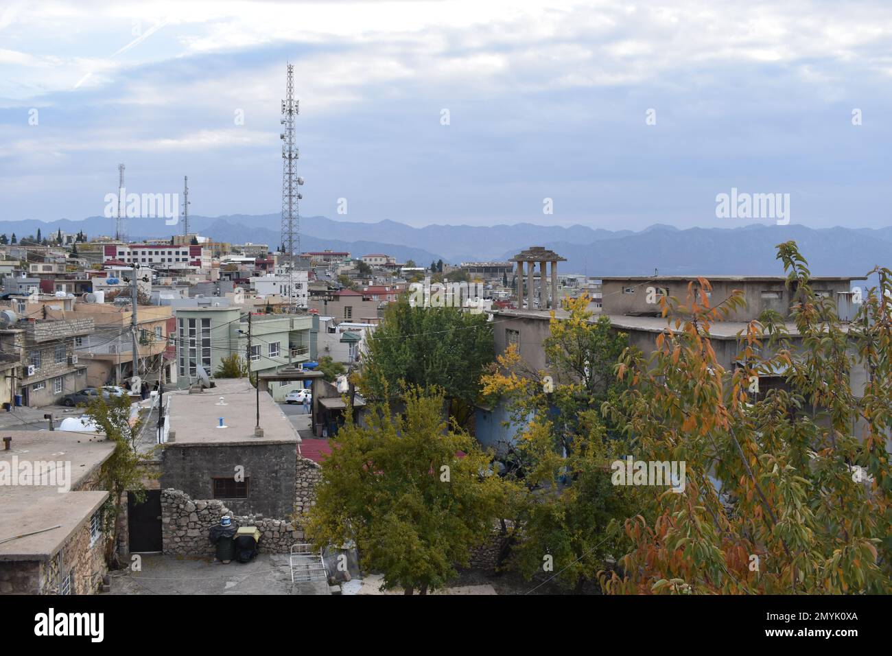 The rooftop view on an autumn day from a village home in Iraqi ...