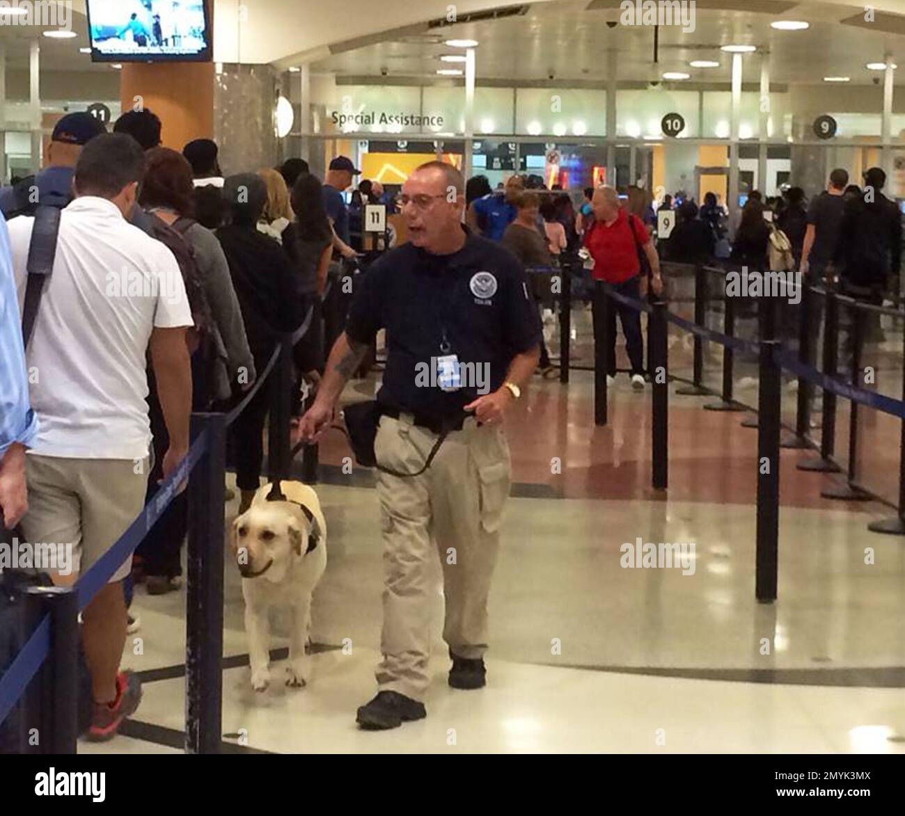 A K-9 unit checks travelers in line to enter the main security gate at ...
