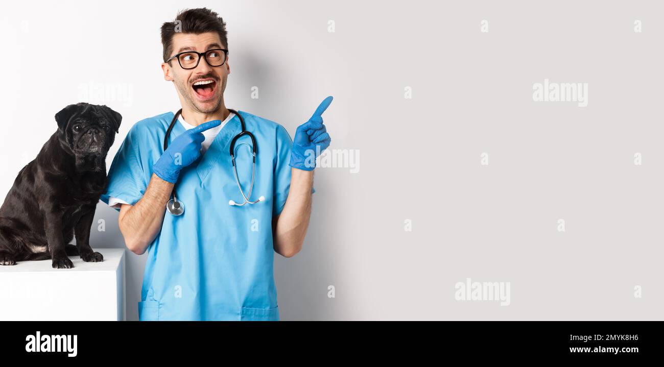 Handsome young doctor at vet clinic pointing fingers upper right corner ...