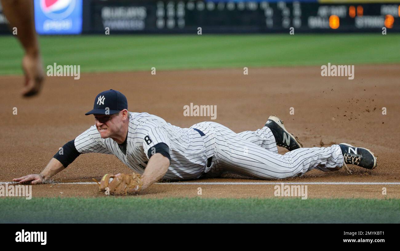 New York Yankees third baseman Chase Headley dives and snags a ball hit ...