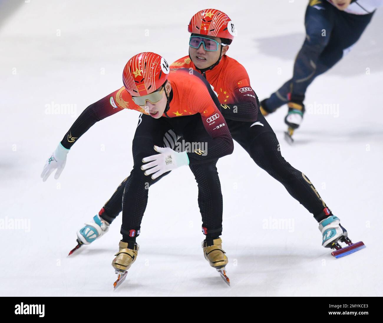 Dresden, Germany. 4th Feb, 2023. Li Wenlong and Lin Xiaojun (front) of China compete during the ...