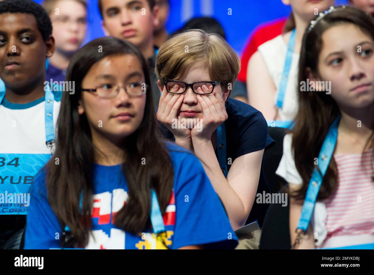 Ella Scheuermann, 11, from Grafenwoehr, Germany, rubs her eyes after ...